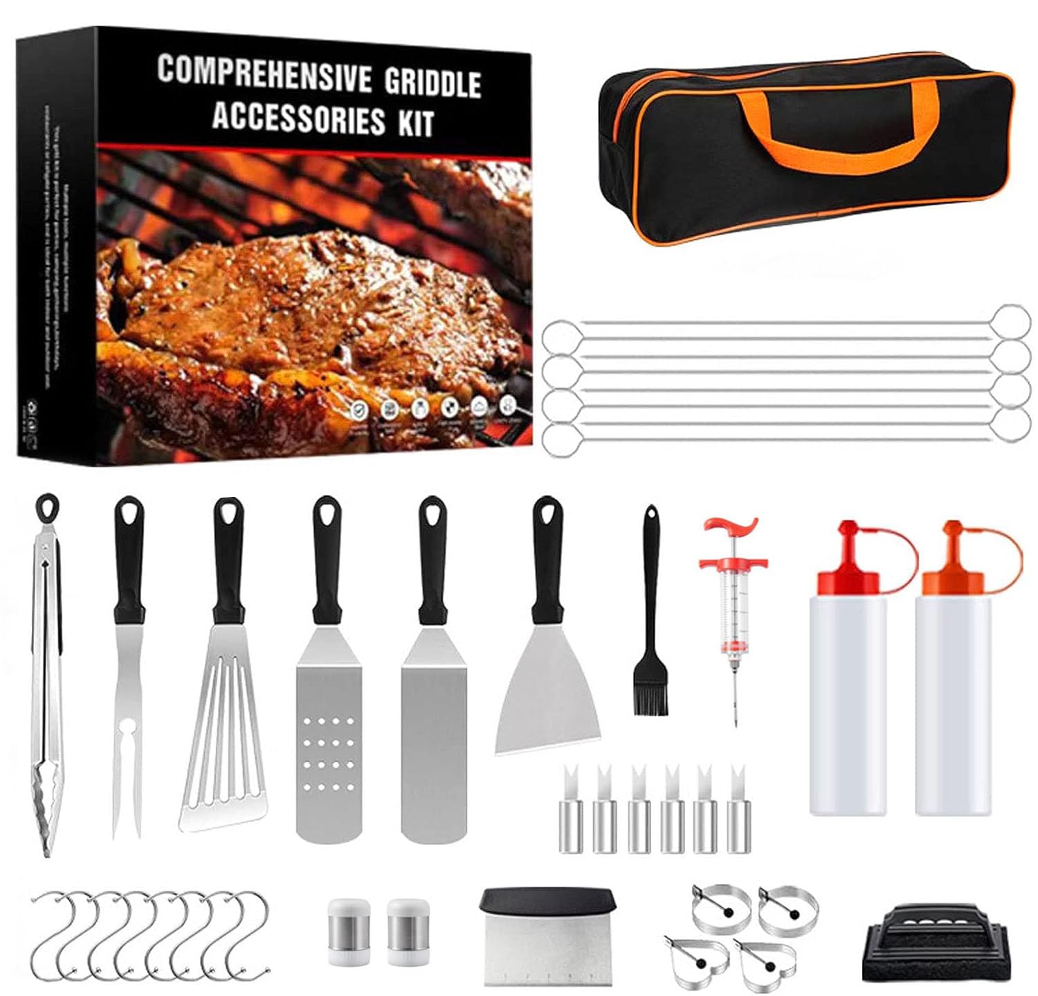 Griddle Accessories Kit, 42PCS Flat Top Grill Accessories Set for Blackstone and Camp Chef, BBQ Spatula Set with Enlarged Spatulas, Scraper, Tongs for Outdoor Barbecue & Cooking