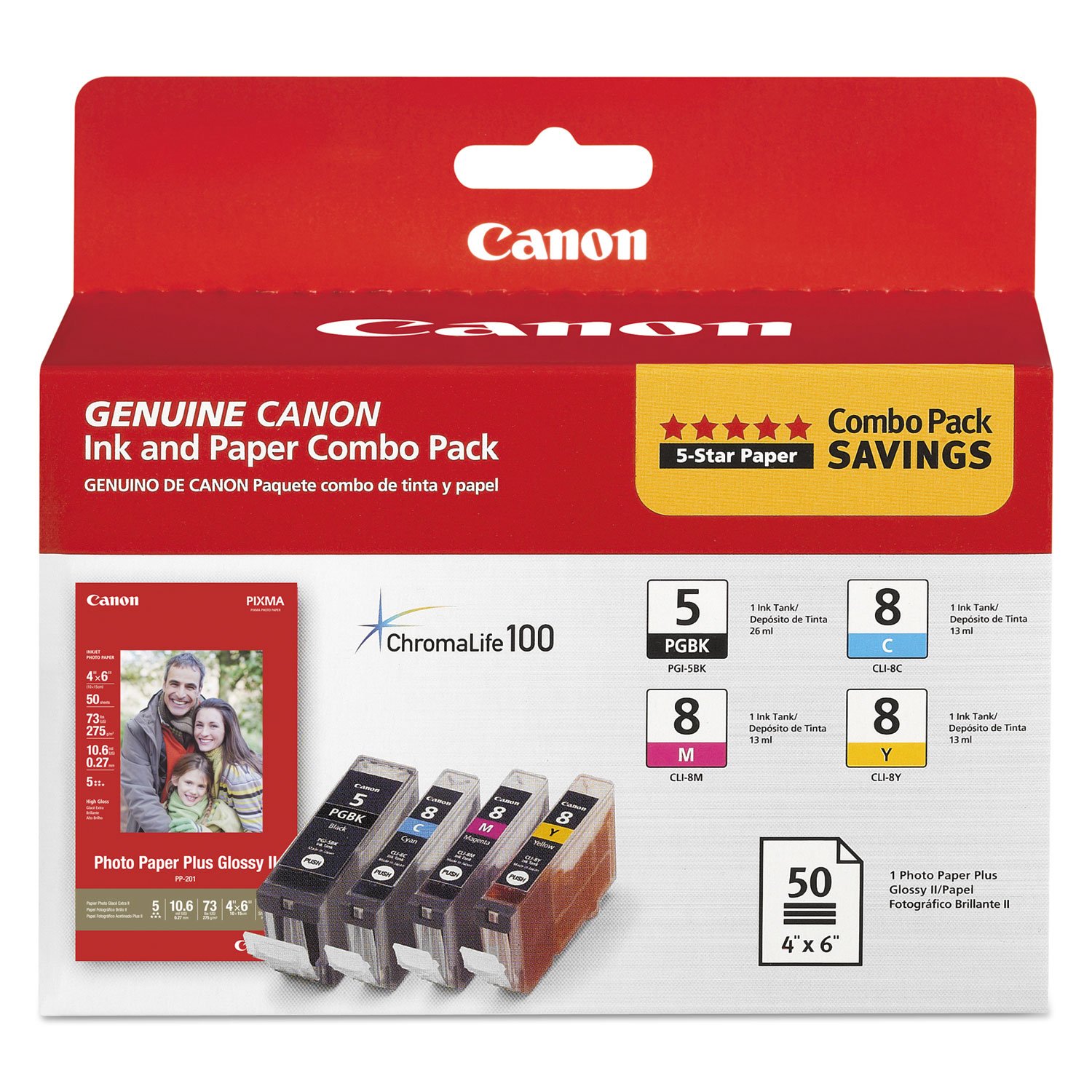 Canon PGI-5/ CLI-8 CMY Ink with PP-201 (50 Sheets) Combo Pack (0628B027AA)