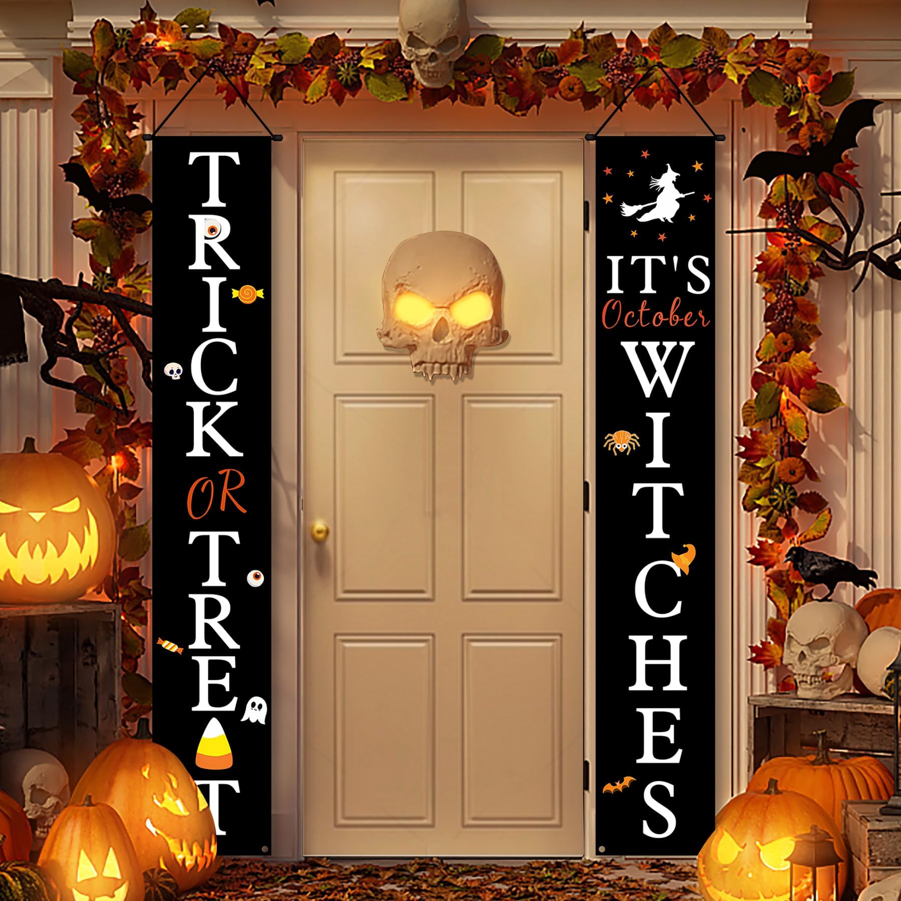 2024 Upgraded Halloween Decorations Outdoor Porch Banners, Trick or Treat and It's October Witches, Heavy Duty Front Door Signs for Outside Yard Garden, Party Decorations Supplies for Indoor Wall Decor