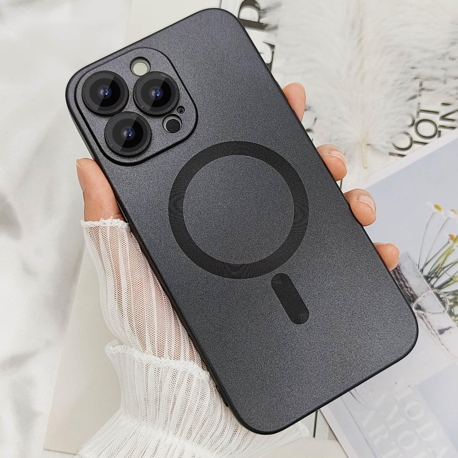 ankofave Magnetic case for iPhone 13 Pro Max Phone Case for Women, Matte Luxury Soft Metallic Luster Design with Camera Lens Protector, Compatible with Magsafe Case for iPhone 13 Pro Max 6.7"-Black