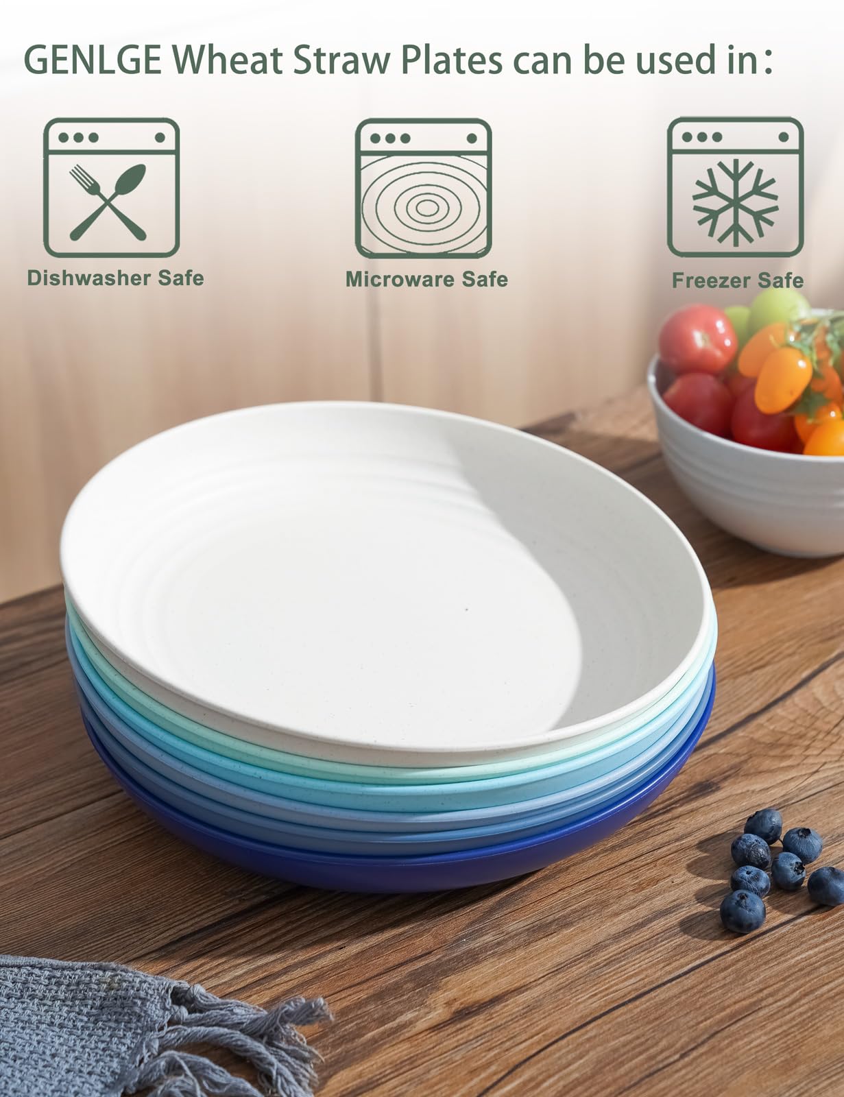 GENLGE Wheat Straw Plates 10 inch Plastic Dinner Plates Set of 6 - Microwave Safe Kitchen Plates, Unbreakable Reusable Plates for Outdoor, Camping, BPA-free