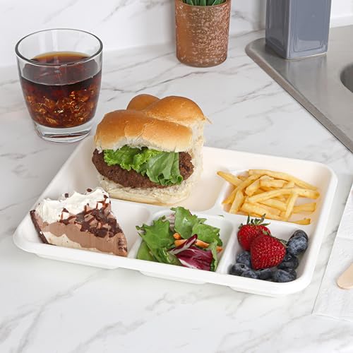 ECORIYO Divided Paper Plates - 50-Pack of Heavy Duty Disposable Plates with Compartment - Compostable Sugarcane 5 Compartment Disposable Plates - 10.5 x 8.5 x 1 Inch