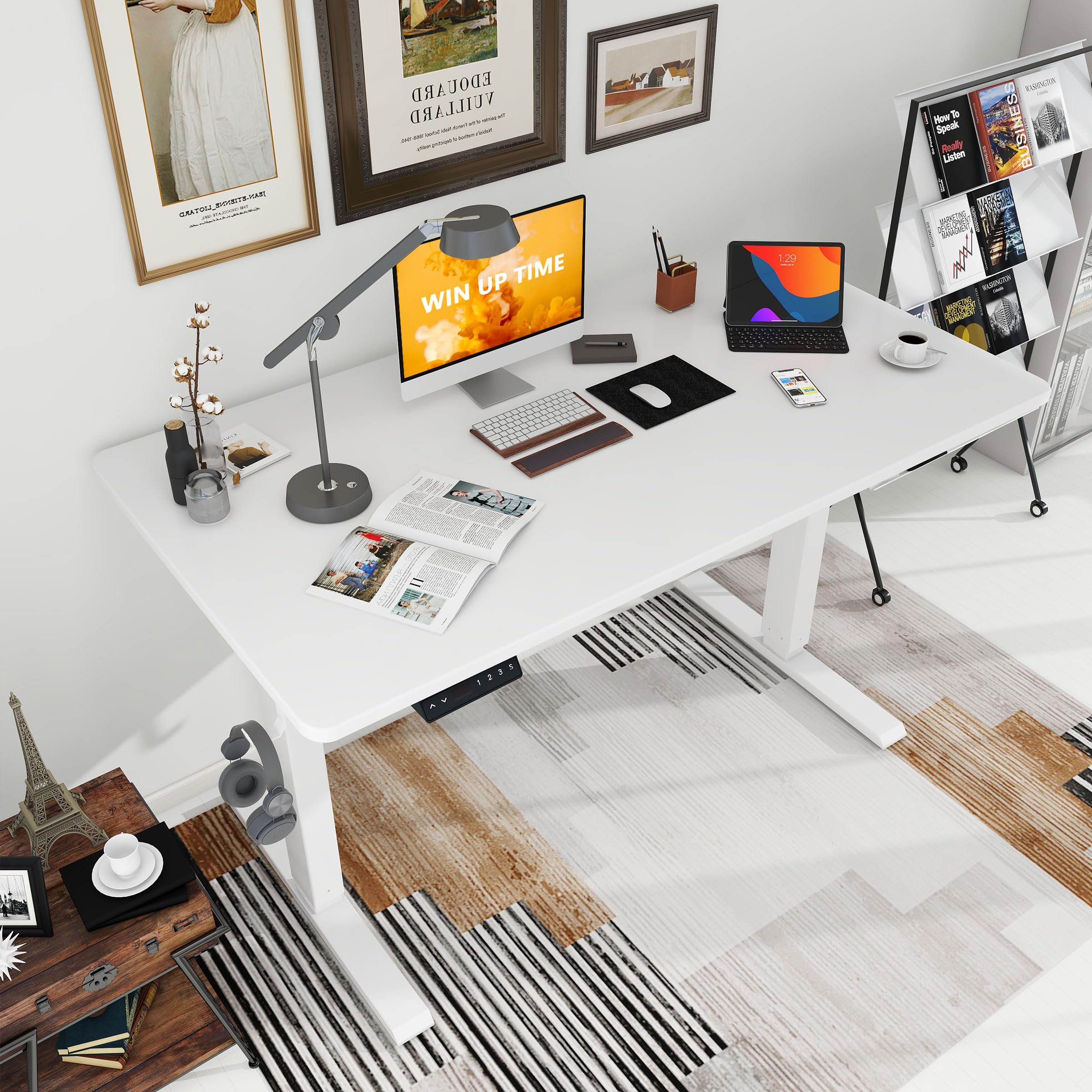 Win Up Time Standing Desk Adjustable Height Desk- Whole Piece Desktop Electric Adjustable Standing Desk, Height Adjustable Desk Stand Up Desk for Home Office Computer Desk,White 48x24Inch