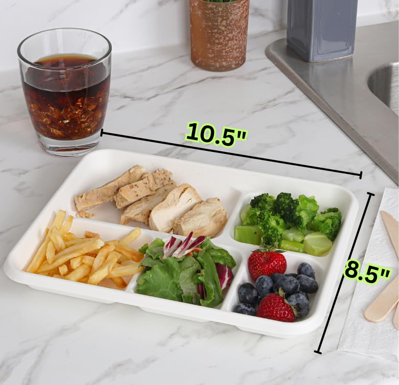ECORIYO Divided Paper Plates - 50-Pack of Heavy Duty Disposable Plates with Compartment - Compostable Sugarcane 5 Compartment Disposable Plates - 10.5 x 8.5 x 1 Inch