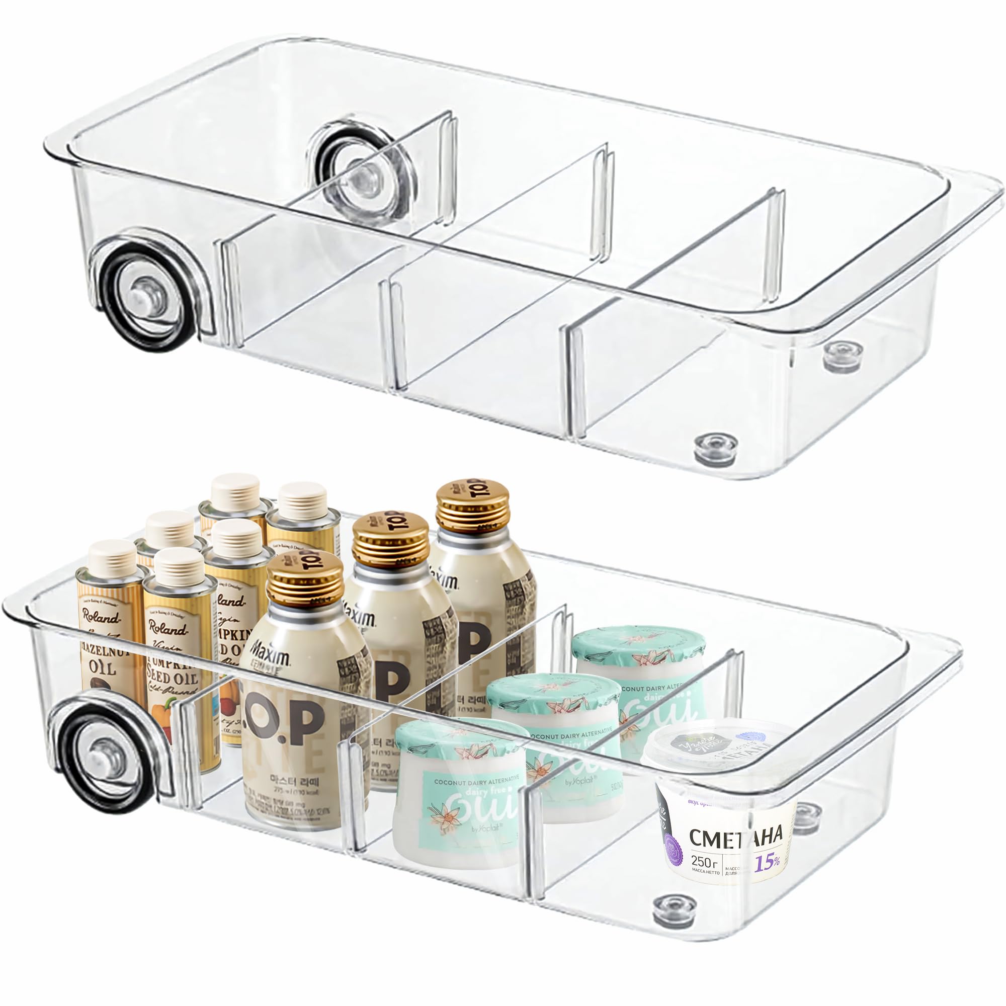MANO 2 Pack Divided Rolling Refrigerator Tray Clear Roll Out Fridge Caddy Organizer with Wheels for Veggie Pantry Snackle Box Under Sink Bathroom Organizer and Storage Bins