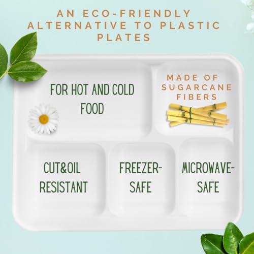 ECORIYO Divided Paper Plates - 50-Pack of Heavy Duty Disposable Plates with Compartment - Compostable Sugarcane 5 Compartment Disposable Plates - 10.5 x 8.5 x 1 Inch
