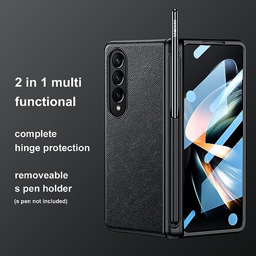 Libeagle Compatible with Samsung Galaxy Z Fold 4 Case, Support All Magsafe Accessories, Leather Back, Removable S Pen Holder on Hinge Protection, Screen Protector, Magnetic Cover 5G 2022 - Black
