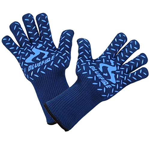 BlueFire Gloves BBQ Grill Firepit Oven Mitts Heat Resistant 932 Degrees F Lab Certified Professional Grade (X-Large, Blue)