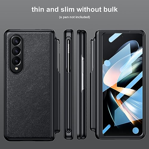 Libeagle Compatible with Samsung Galaxy Z Fold 4 Case, Support All Magsafe Accessories, Leather Back, Removable S Pen Holder on Hinge Protection, Screen Protector, Magnetic Cover 5G 2022 - Black