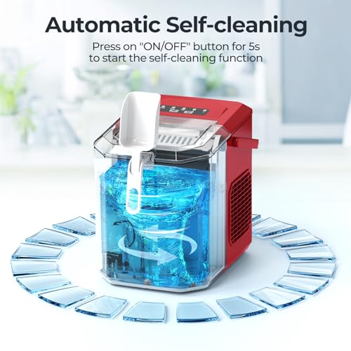 ZAFRO Ice Makers Countertop, 9 Cubes Ready in 6 Mins, Self-Cleaning Ice Machine with Detachable Double Handle and Anti-Hollowing Basket, 2 Size of Bullet Ice for Home Kitchen Office Bar Party, Red