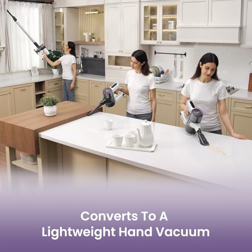 Cordless Vacuum Cleaner for Home | 400W Powerful Stick Vacuum | Long Runtime Detachable Battery | LED Display | Deep Clean for Hard Floor Carpet (White-Purple)