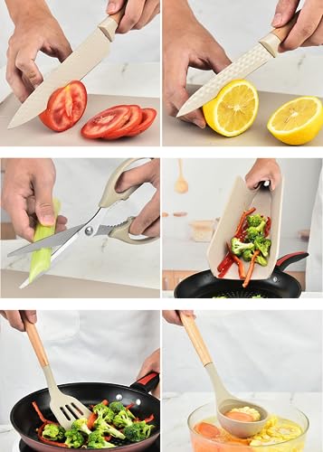 Kitchen Utensils Set-Cooking Utensils Set, 13-in-1 Kitchen Set with 8 Pieces Cooking Utensils+5 Pieces Knife Set with Block, Kitchen Utensils Non Stick and Heat Resistant Large Silicone Spatula, Khaki
