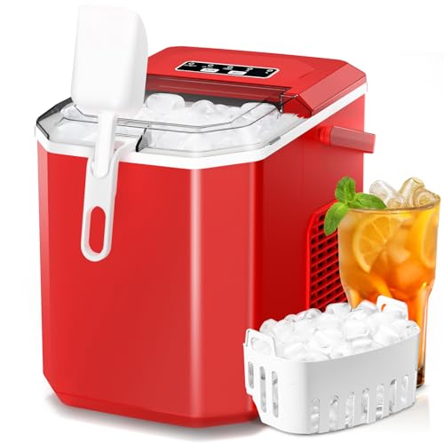 ZAFRO Ice Makers Countertop, 9 Cubes Ready in 6 Mins, Self-Cleaning Ice Machine with Detachable Double Handle and Anti-Hollowing Basket, 2 Size of Bullet Ice for Home Kitchen Office Bar Party, Red