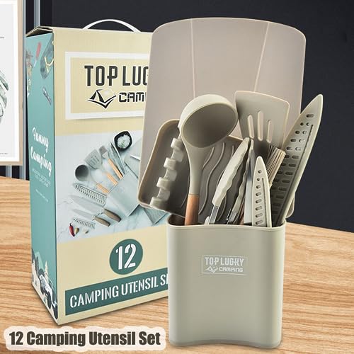 Kitchen Utensils Set-Cooking Utensils Set, 13-in-1 Kitchen Set with 8 Pieces Cooking Utensils+5 Pieces Knife Set with Block, Kitchen Utensils Non Stick and Heat Resistant Large Silicone Spatula, Khaki
