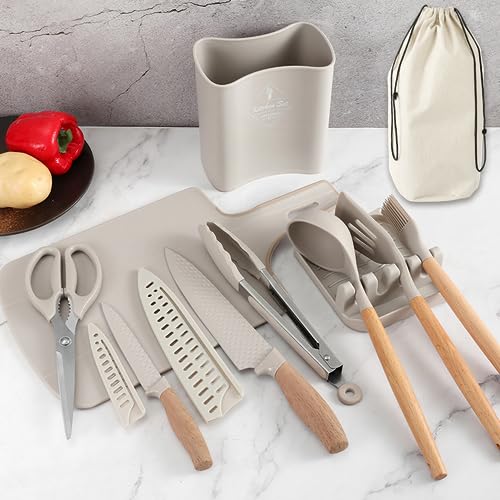 Kitchen Utensils Set-Cooking Utensils Set, 13-in-1 Kitchen Set with 8 Pieces Cooking Utensils+5 Pieces Knife Set with Block, Kitchen Utensils Non Stick and Heat Resistant Large Silicone Spatula, Khaki