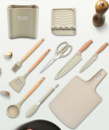 Kitchen Utensils Set-Cooking Utensils Set, 13-in-1 Kitchen Set with 8 Pieces Cooking Utensils+5 Pieces Knife Set with Block, Kitchen Utensils Non Stick and Heat Resistant Large Silicone Spatula, Khaki