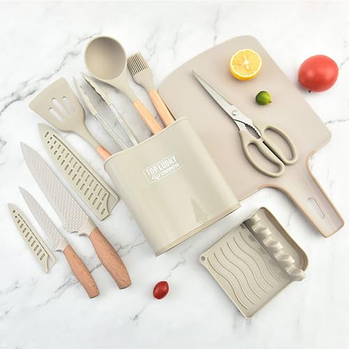 Kitchen Utensils Set-Cooking Utensils Set, 13-in-1 Kitchen Set with 8 Pieces Cooking Utensils+5 Pieces Knife Set with Block, Kitchen Utensils Non Stick and Heat Resistant Large Silicone Spatula, Khaki