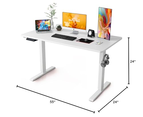 Win Up Time Standing Desk Adjustable Height Desk- Whole Piece Desktop Electric Adjustable Standing Desk, Height Adjustable Desk Stand Up Desk for Home Office Computer Desk,White 55x24Inch