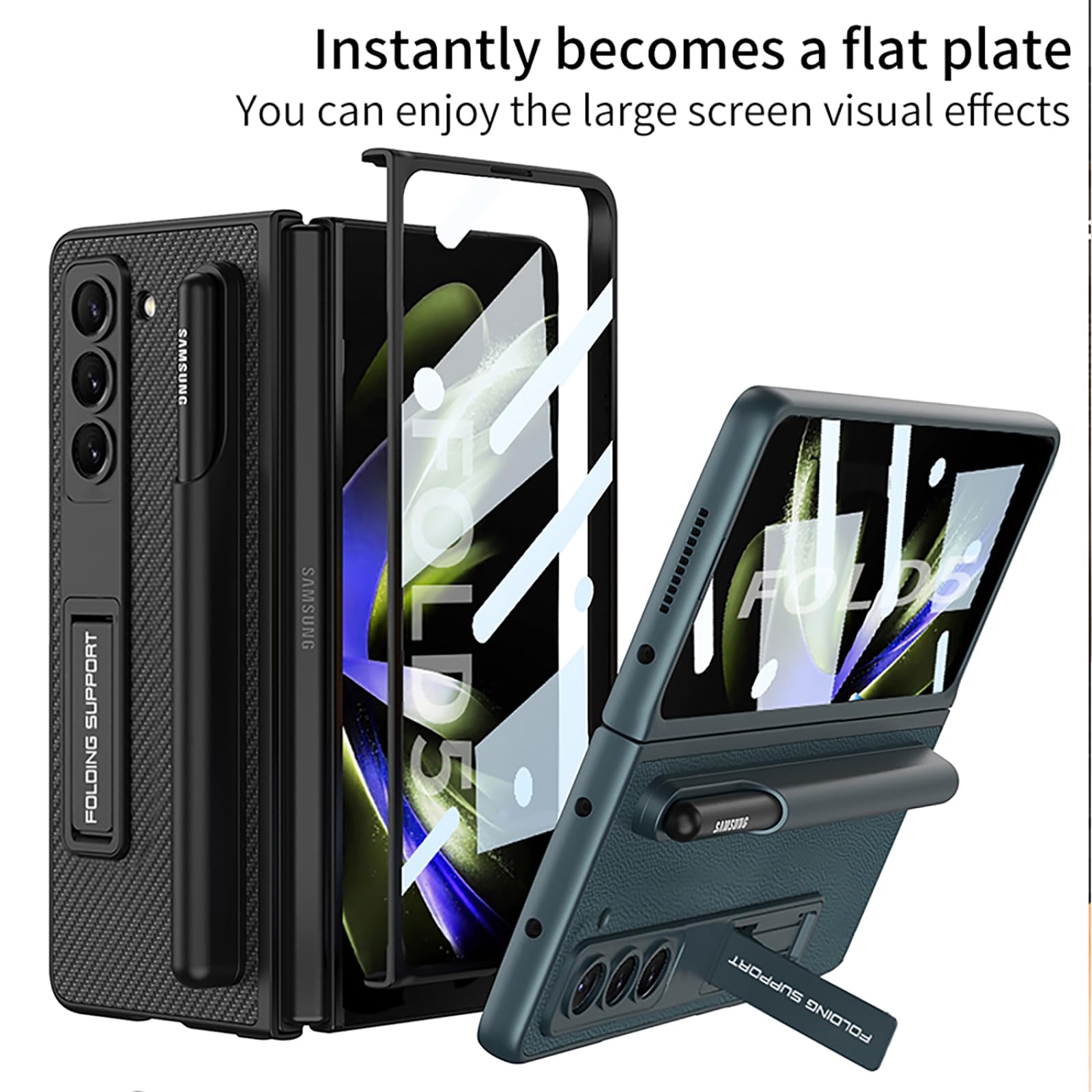 MistWorld for Samsung Galaxy Z Fold 5 Leather Case with s Pen Holder, Stand, Front Cover Integrated Protective Film ，Ultra-Thin Drop-Proof Galaxy Z5 Fold Phone Cover Carbon Fiber Print