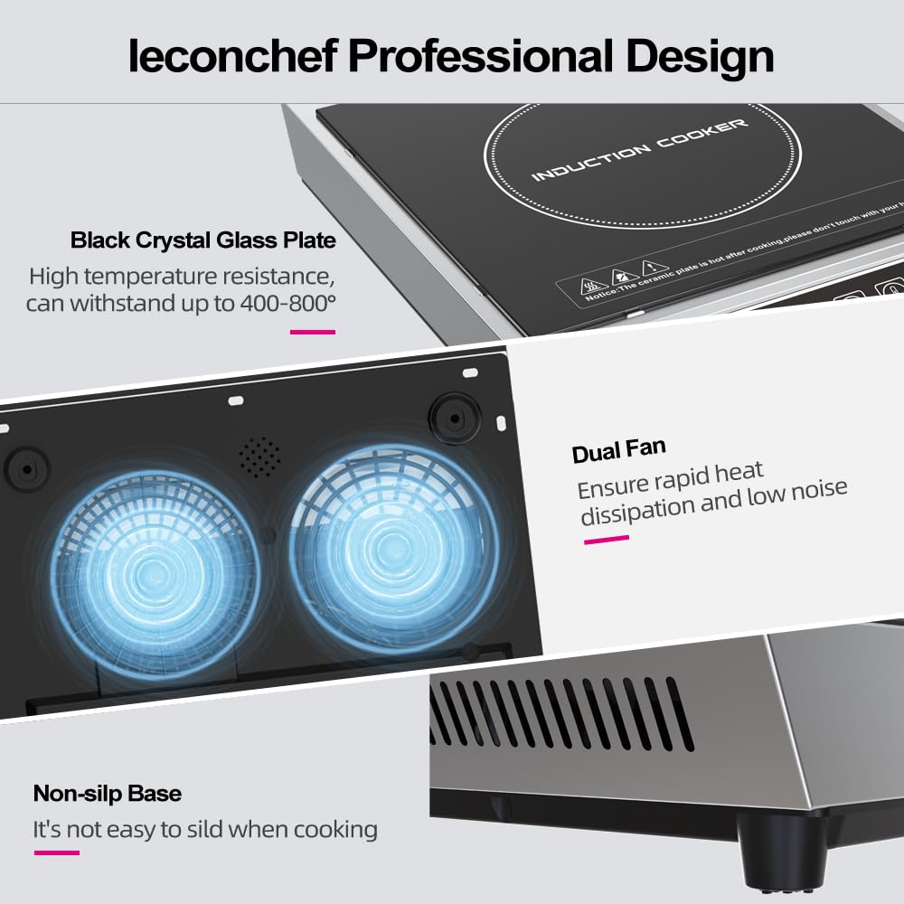 leconchef induction cooktop ultra thin stainless steel commercial grade 110v 1800w countertop electric induction burner with 10 Temp.&Power levels,24 Hours Timer&Preset,Fast heating