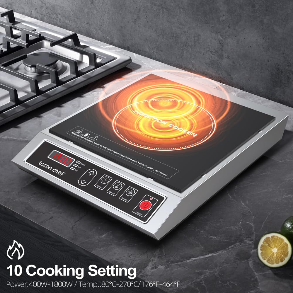 leconchef induction cooktop ultra thin stainless steel commercial grade 110v 1800w countertop electric induction burner with 10 Temp.&Power levels,24 Hours Timer&Preset,Fast heating