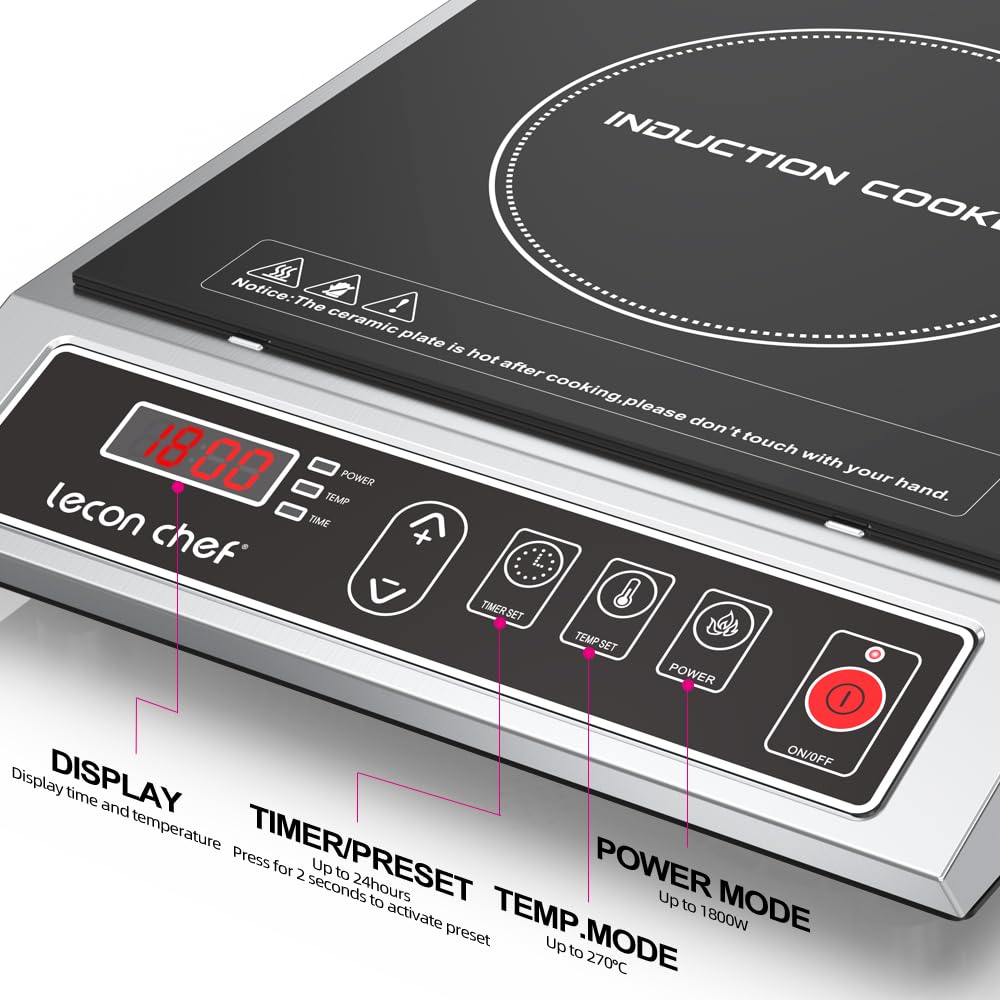 leconchef induction cooktop ultra thin stainless steel commercial grade 110v 1800w countertop electric induction burner with 10 Temp.&Power levels,24 Hours Timer&Preset,Fast heating