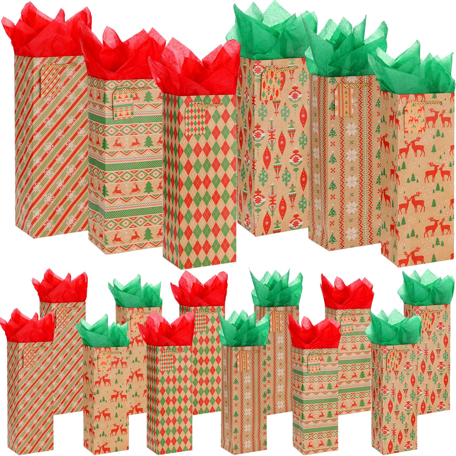 Qilery 60 Pieces Christmas Wine Bottle Gift Bags with Handle Christmas Kraft Wine Gift Bags Holiday Bottle Bags with Tissue Paper and Name Tags Kraft Wine Bags for Xmas Party Favors Supplies