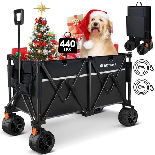 Raynesys Collapsible Wagons Heavy Duty Folding Beach Carts with Big All-Terrain Wheels, Utility Lounge Wagon Garden Cart with 200L Capacity for Outdoor, Sports, Shopping, Camping, Black