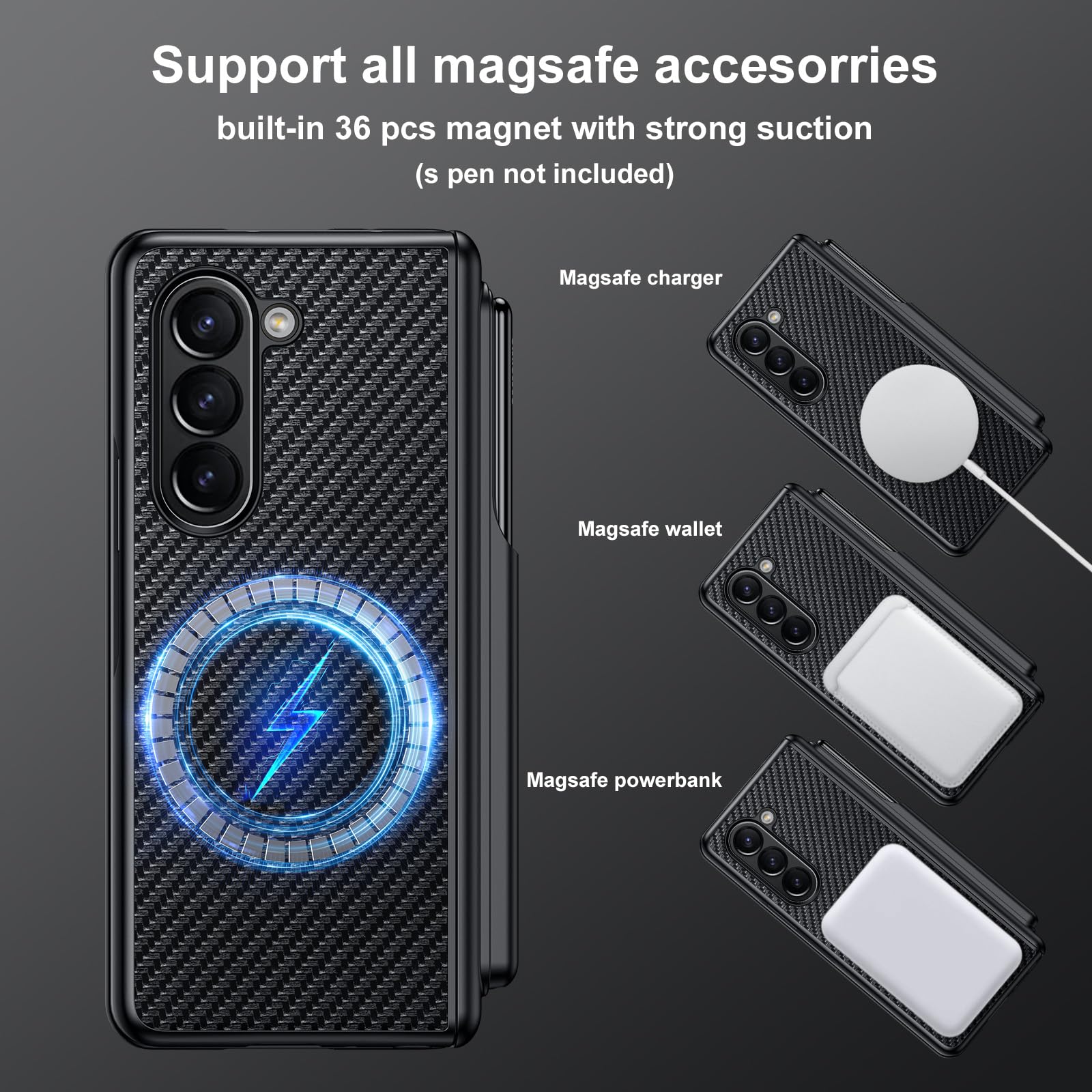 Libeagle Compatible with Samsung Galaxy Z Fold 5 Case, Support All Magsafe Accessories, Leather Back, Include Both Removable Old & New Slim S Pen Holder (2023) on Hinge,Cover 5G-Carbon Fiber