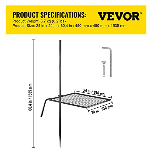 VEVOR Swivel Grill, Heavy Duty Steel Campfire Grill,Single Layer Open Fire Grill, 24" x 24" Campfire Swivel Grill with Heat Dissipation Handle, Campfire Grill Stake for Outdoor Open Flame Cooking