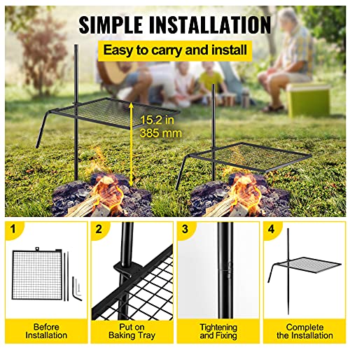 VEVOR Swivel Grill, Heavy Duty Steel Campfire Grill,Single Layer Open Fire Grill, 24" x 24" Campfire Swivel Grill with Heat Dissipation Handle, Campfire Grill Stake for Outdoor Open Flame Cooking