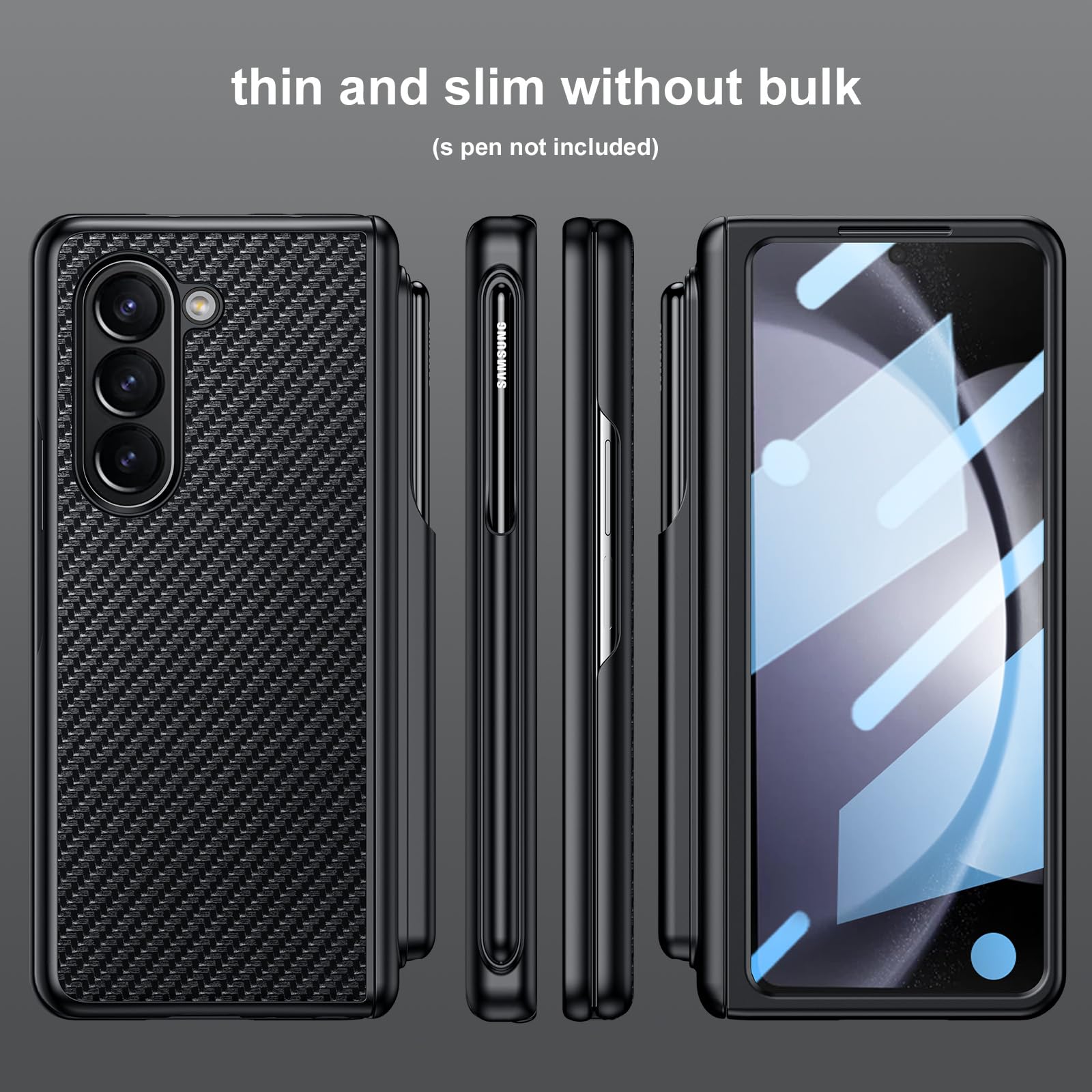 Libeagle Compatible with Samsung Galaxy Z Fold 5 Case, Support All Magsafe Accessories, Leather Back, Include Both Removable Old & New Slim S Pen Holder (2023) on Hinge,Cover 5G-Carbon Fiber