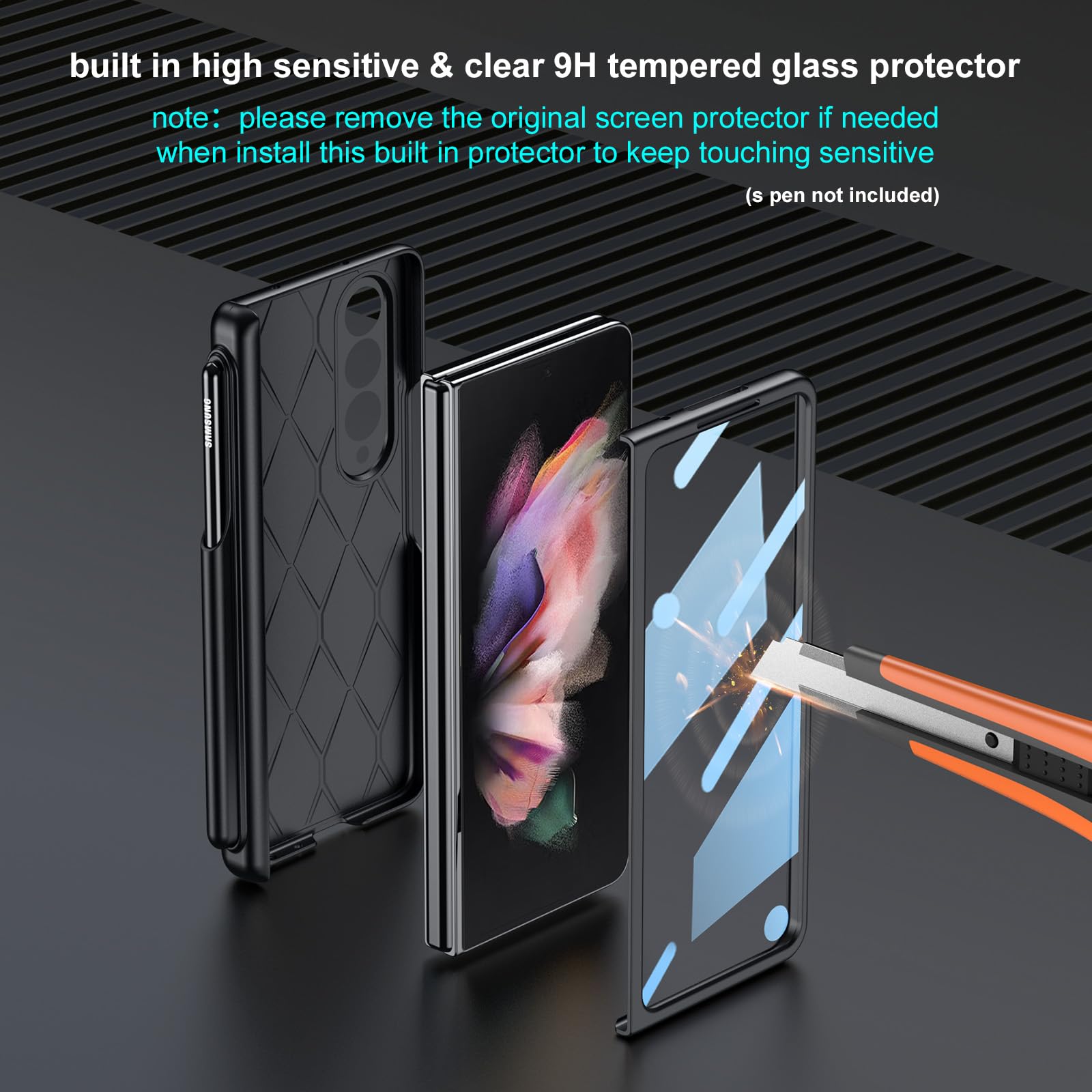 Libeagle Compatible with Samsung Galaxy Z Fold 3 Case, Support All Magsafe Accessories, Leather Back, Removable S Pen Holder on Hinge Protection, Screen Protector, Magnetic Cover 5G 2021 - Black
