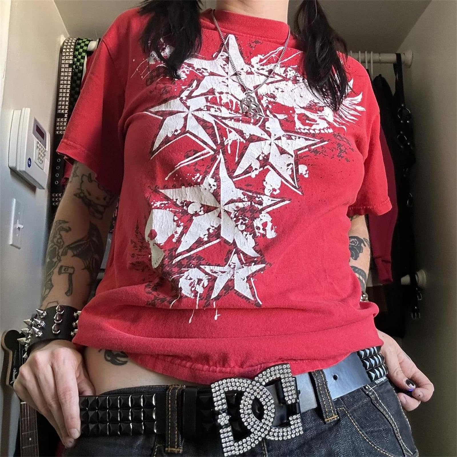 Women Y2k Fairy Grunge Shirt Goth T-Shirt Long Sleeve Skeleton Aesthetics Graphic Oversized Shirt Gothic Top (Red-G, L)