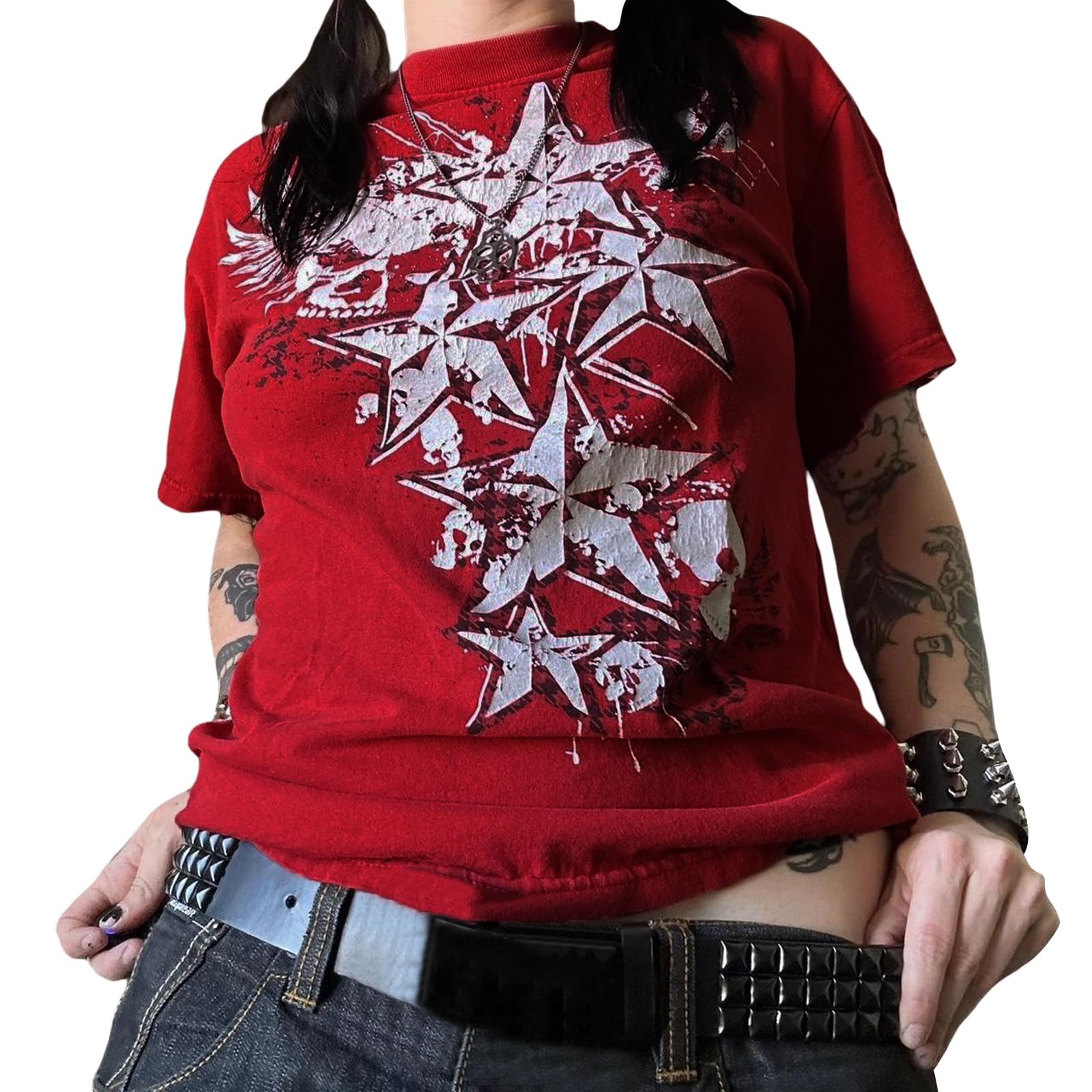 Women Y2k Fairy Grunge Shirt Goth T-Shirt Long Sleeve Skeleton Aesthetics Graphic Oversized Shirt Gothic Top (Red-G, L)