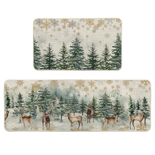 Artoid Mode Xmas Trees Deer Snowflakes Christmas Kitchen Mats Set of 2, Winter Home Decor Low-Profile Kitchen Rugs for Floor - 17x29 and 17x47 Inch