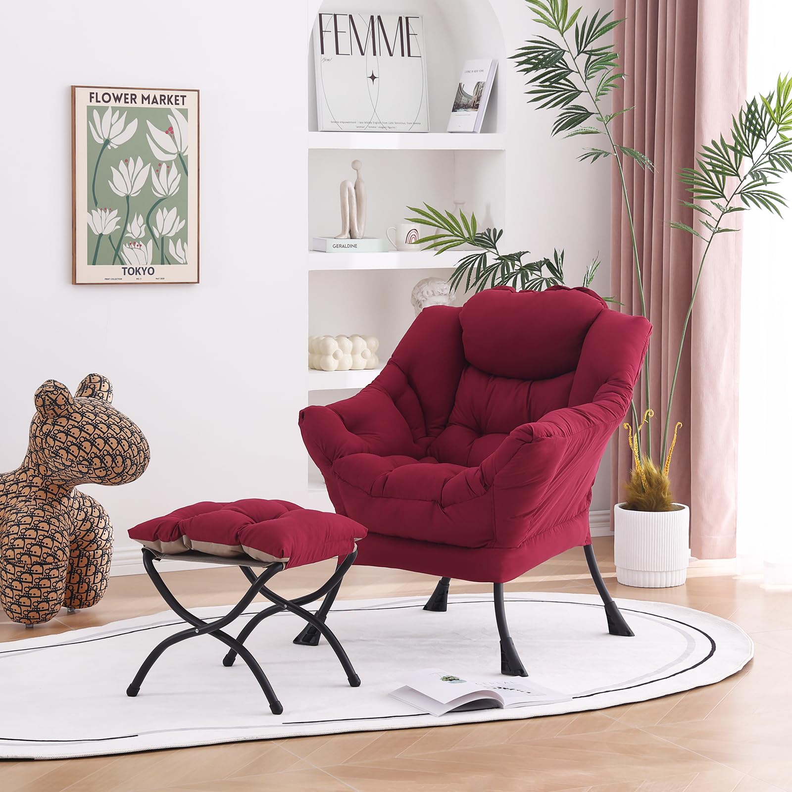 Welnow Lazy Chair with Ottoman, Modern Lounge Accent Chair with Armrests and a Side Pocket, Leisure Upholstered Sofa Chair Set, Reading Chair with Footrest for Small Space, Burgundy