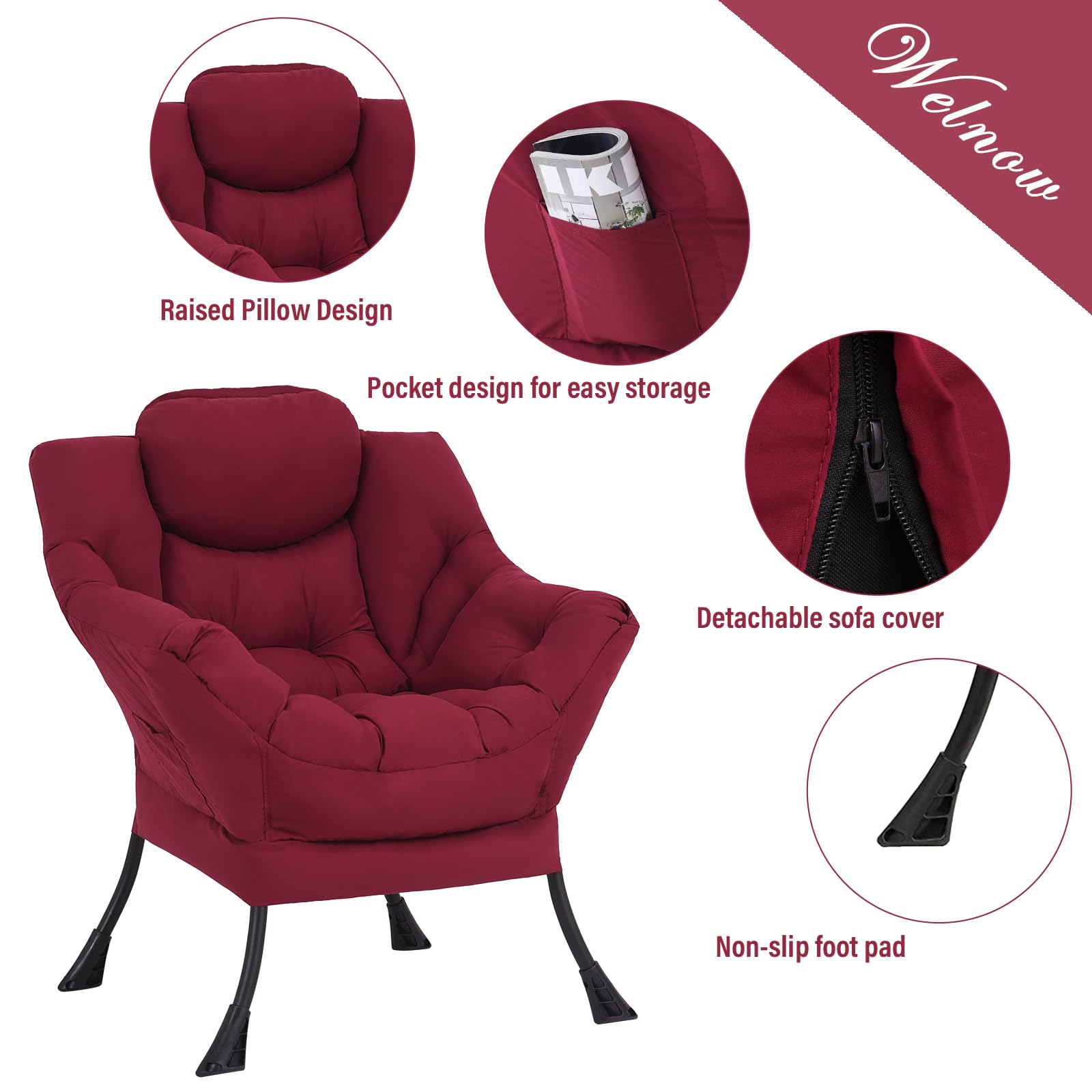 Welnow Lazy Chair with Ottoman, Modern Lounge Accent Chair with Armrests and a Side Pocket, Leisure Upholstered Sofa Chair Set, Reading Chair with Footrest for Small Space, Burgundy