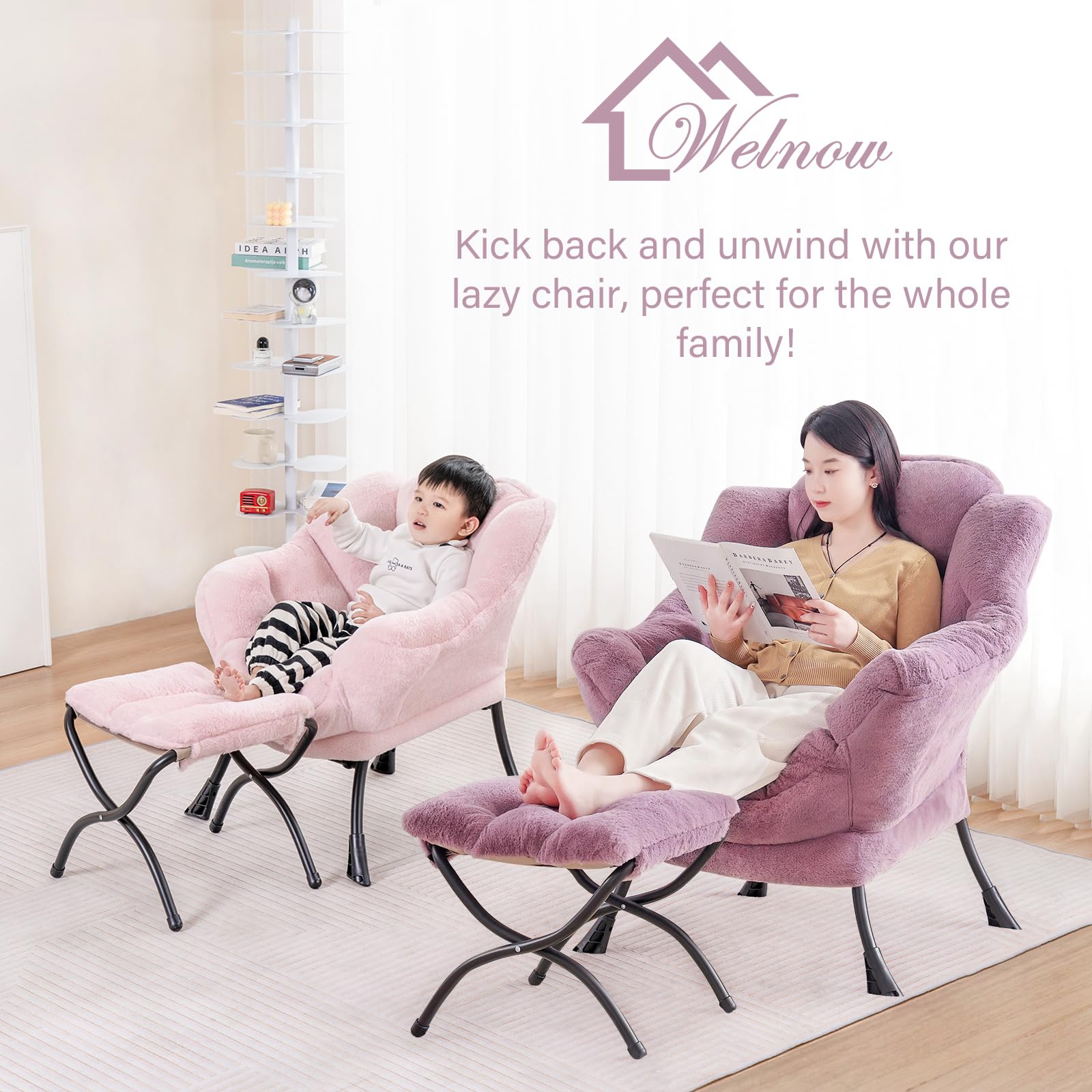 Welnow Lazy Chair with Ottoman, Modern Lounge Accent Chair with Armrests and a Side Pocket, Leisure Upholstered Sofa Chair Set, Reading Chair with Footrest for Small Space, Burgundy