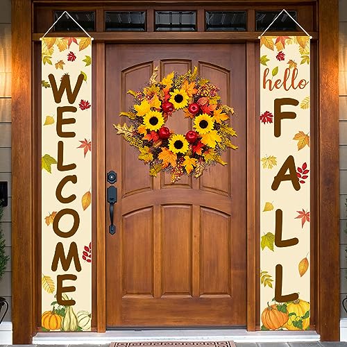 Welcome Hello Fall Home Porch Sign Banner Fall Decorations for Front Door Harvest Decoration Maple Leaves Pumpkin Hanging Flag for Autumn Welcome Home Decor Fall Party Supplies Indoor Outdoor 72"x12"