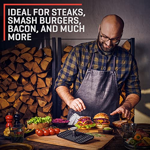 Uno Casa Cast Iron Grill Press - Pre-Seasoned XL Hamburger Press with Stainless Steel Knob, 9x4.5 Inch cast Iron Burger Press for Griddle - Bacon Press for Griddle - Vented Design Griddle Press