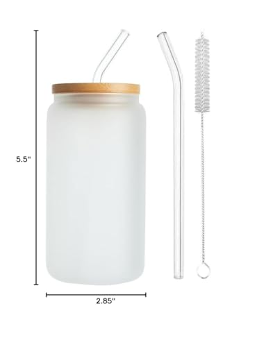 Fiera 16oz Drinking Glassware with Bamboo Lid and Reuasable Straw, Iced Coffee cup, Juice glassware, Cocktail Cup (1 PC) (Frosted)