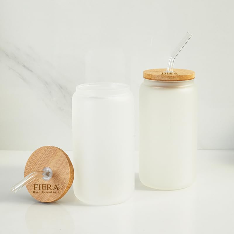 Fiera 16oz Drinking Glassware with Bamboo Lid and Reuasable Straw, Iced Coffee cup, Juice glassware, Cocktail Cup (1 PC) (Frosted)