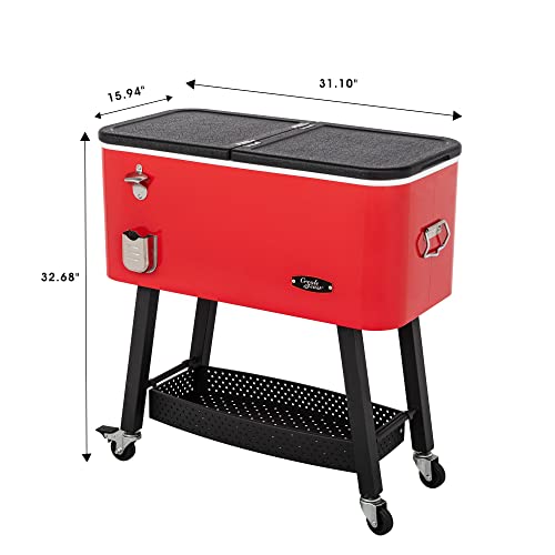 Creole Feast CL8001R 80-Quart Premium Rolling Cooler, Portable Cold Drink Beverage Cooler Cart for Outdoor Patio, Tailgating, Poolside BBQ Party, Red