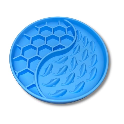 Silicone Slow Feeder Dog Bowl, for Medium/Large Size Dogs, Anti-Slip Bowl, Food Grade, Dishwasher Safe, Hex/Fish Design (Blue)