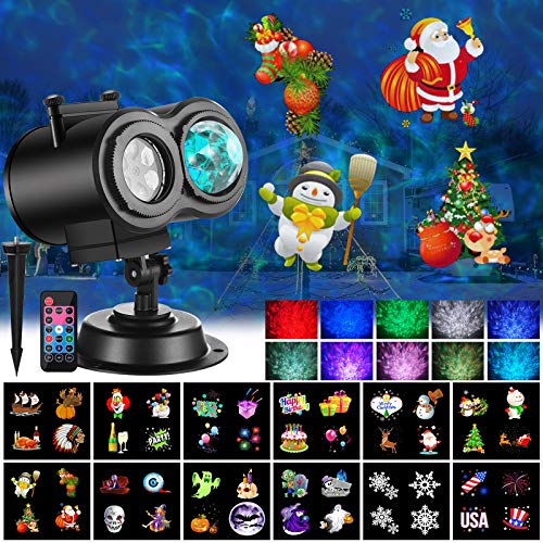Ocean Wave Christmas Projector Lights 2-in-1 Moving Patterns with Ocean Wave LED Landscape Lights Waterproof Outdoor Indoor Xmas Theme Party Yard Garden Decorations, 14 Slides 10 Colors (Black)