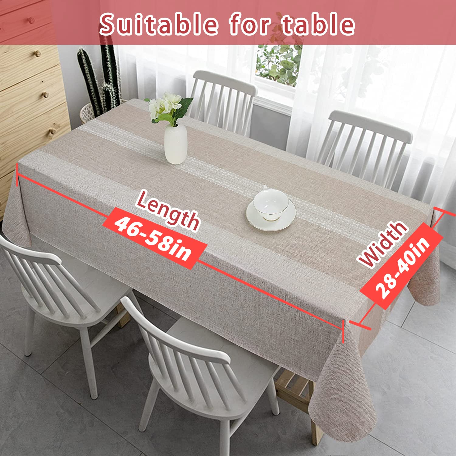 Vonabem 100% Waterproof Rectangle PVC Tablecloth, Vinyl Table Cloth Cover with Flannel Backing Oil Spill Proof Wipeable Table Cloths for Indoor Outdoor(Coffee Stripe,52x70IN