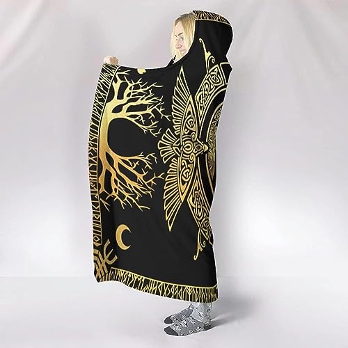 Medieval 3D Printing Hooded Blanket Warm Soft Raven Celtic Knot Tree of Life Totem Unisex Winter Wearable Hooded Blanket Double Thick Plush Wool Blanket (Color : B, Size : 80x60in/150x200cm)