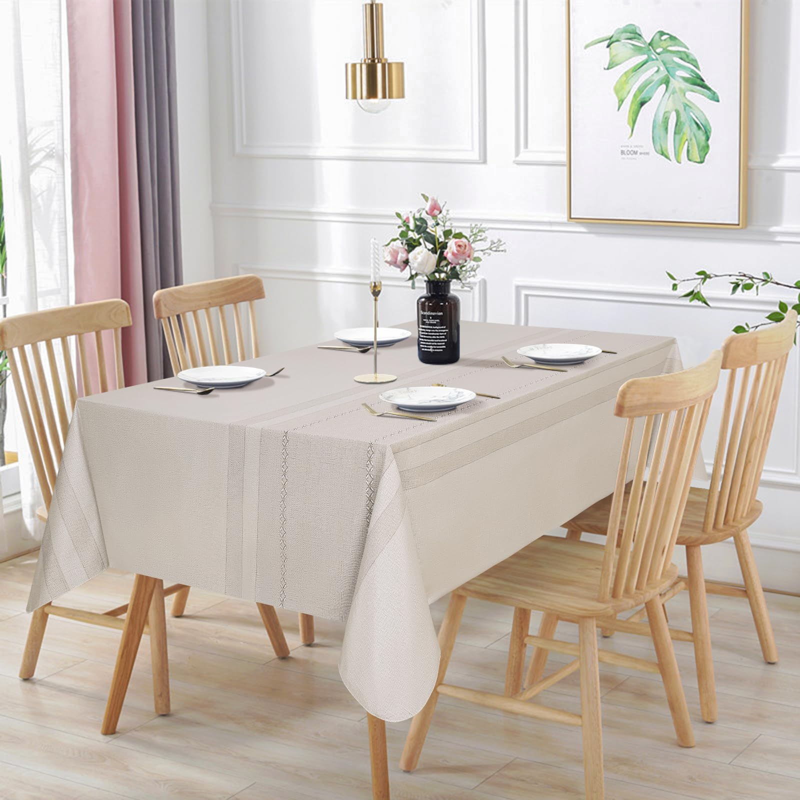 Vonabem 100% Waterproof Rectangle PVC Tablecloth, Vinyl Table Cloth Cover with Flannel Backing Oil Spill Proof Wipeable Table Cloths for Indoor Outdoor(Coffee Stripe,52x70IN