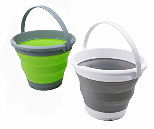 SAMMART 5.5L (1.4 Gallon) Collapsible Plastic Bucket - Foldable Round Tub - Portable Fishing Water Pail - Space Saving Outdoor Waterpot (Grey & Grass Green, 2)